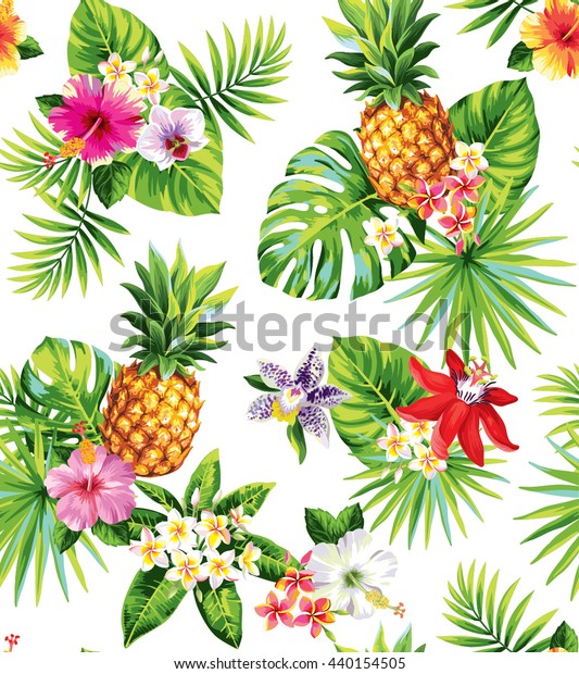 Motif tropical harmonieux d'ananas, de feuilles : image vectorielle de ...