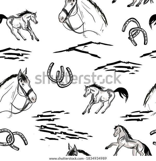 Seamless Wallpaper Pattern Running Horses Sketch Stock Vector (Royalty ...