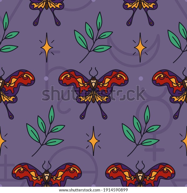 Seamless Wicca Pattern Hummingbird Hawkmoths Stars Stock Vector ...