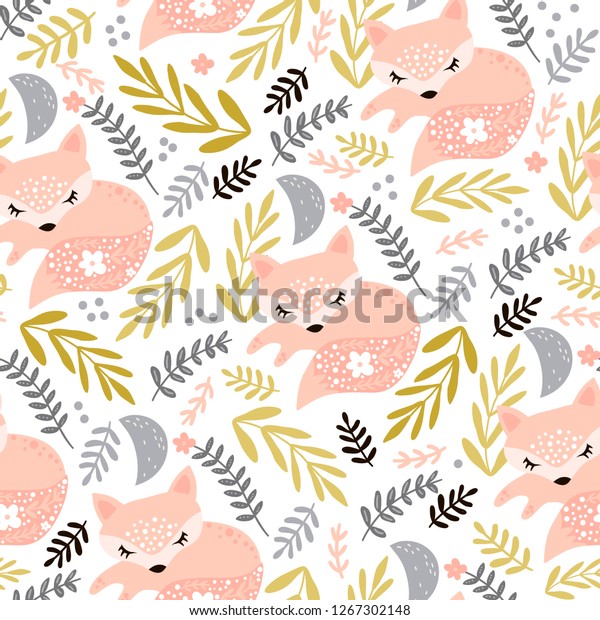 Hakuun Seamless Woodland Pattern Sleeping Fox Floral liittyvä ...