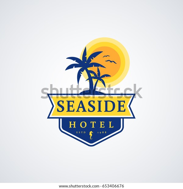 Vektor Stok Seaside Hotel Logo Palm Trees Sun (Tanpa Royalti) 653406676 ...