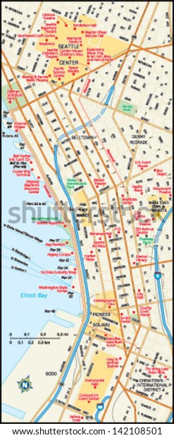 Seattle Washington Downtown Map Stock Vector (Royalty Free) 142108501 ...
