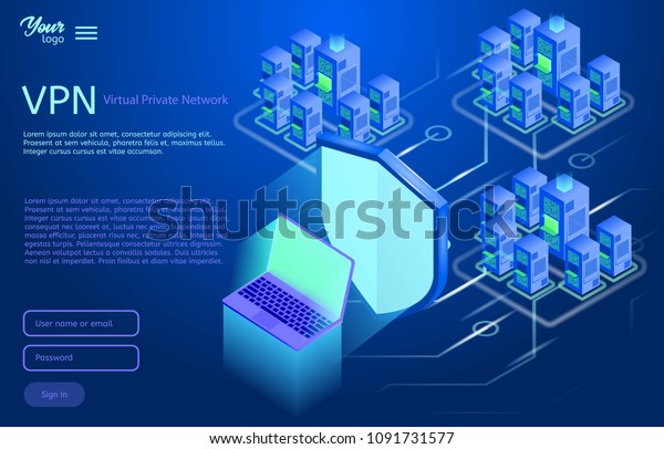 Sicheres VPN-Verbindungskonzept. Isometrische Vektorgrafik in ...