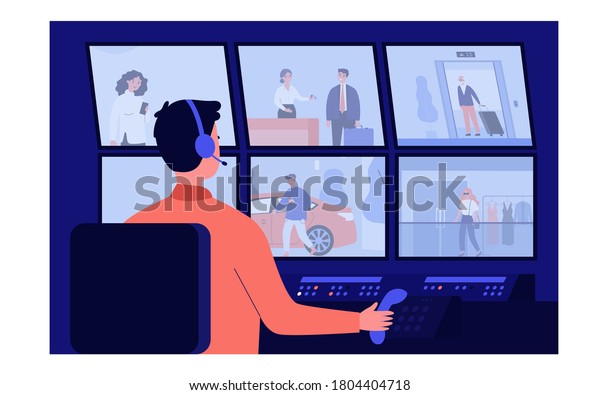 Security service worker sitting in dark control room flat vector ...