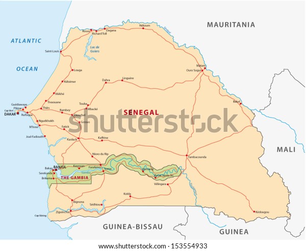 Senegalgambia Road Map Stock Vector (Royalty Free) 153554933 | Shutterstock