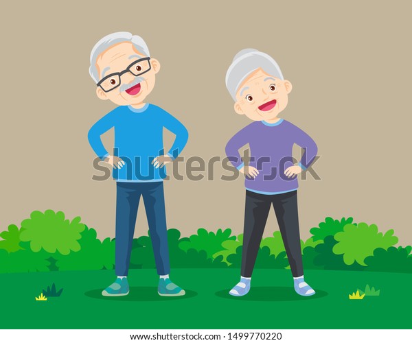 Senior people and gymnastics. Elderly couple. Grandparents doing ... Senior people and gymnastics. Elderly couple. Grandparents doing ...