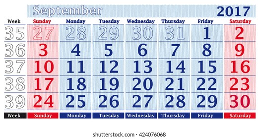 September Color Calendar 2017 Stock Vector (Royalty Free) 424076068 ...