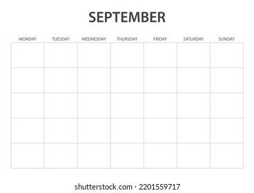 September Monthly Blank Calendar Printable Stock Vector (Royalty Free ...