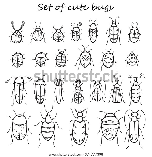 Set 25 Cute Cartoon Insects Vector 스톡 벡터(로열티 프리) 374777398