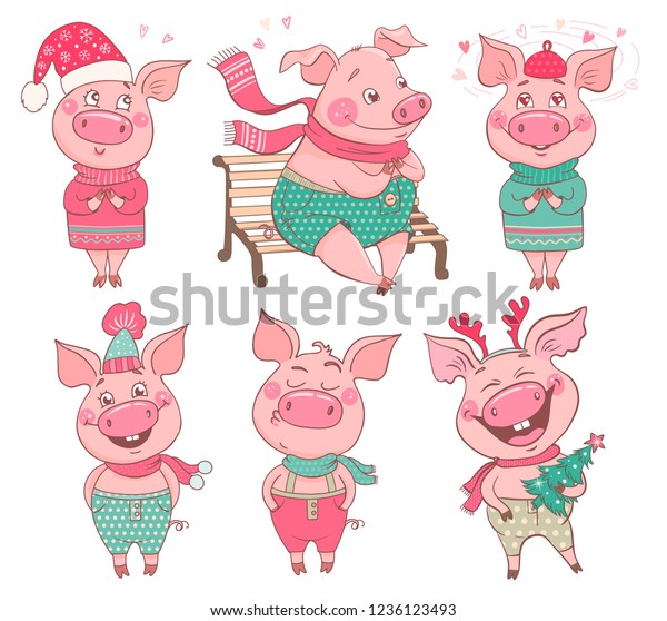Set 6 Cute Pigs Emotions Joy Stock Vector (Royalty Free) 1236123493