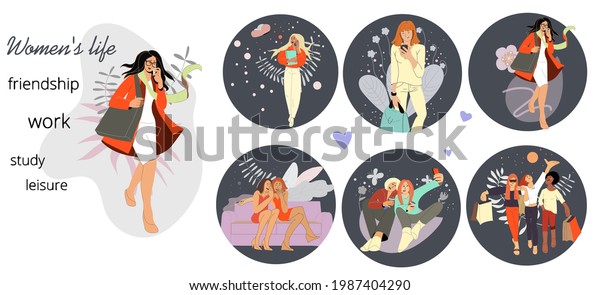 Set 6 Scenes Female Activities Modern Stock Vector (Royalty Free ...