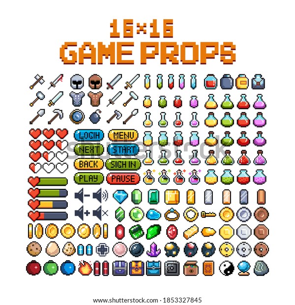 Set of 8-bit pixel graphics icons. Isolated vector illustration. Game ...