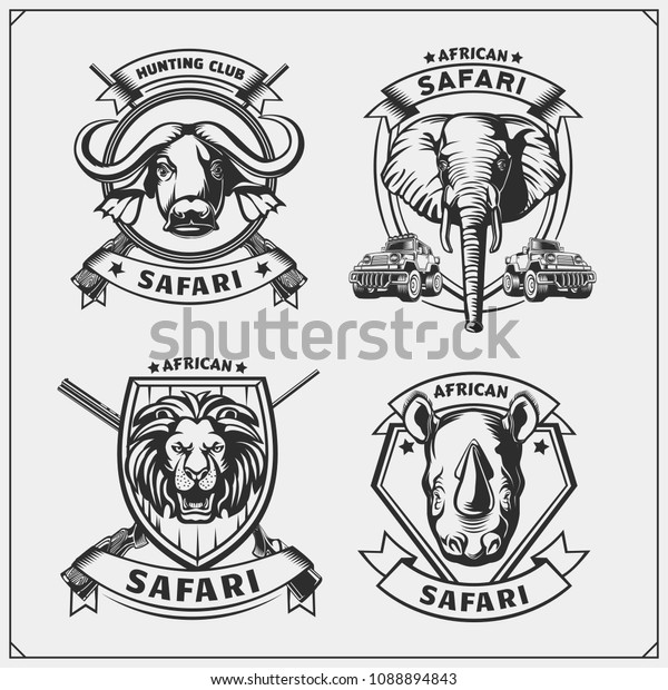 Set African Animals Emblems Lion Elephant Stock Vector (Royalty Free ...