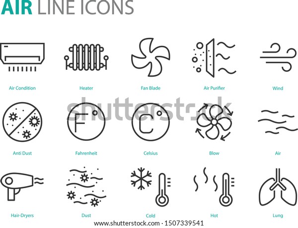 set of air icons, such as air filter, temperature, air purifier, dust