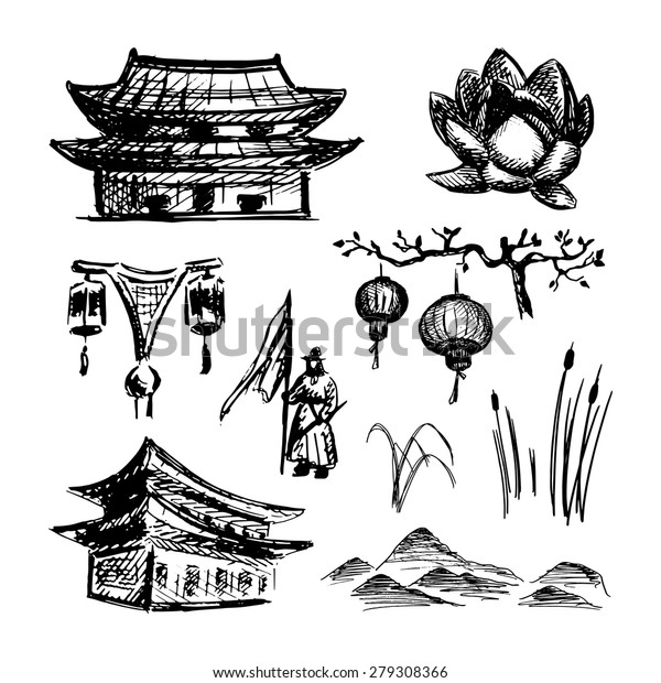 Set Asian Sketches Isolated Black Elements Stock Vector (Royalty Free ...