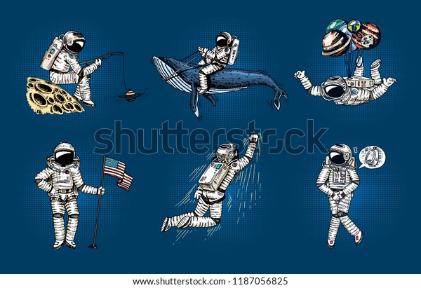 Set of Astronauts in space pop art. Collection soaring spaceman with ...