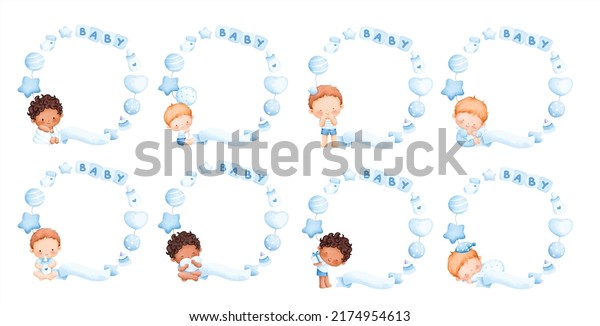 Set Baby Boy Frame Template Watercolor Stock Vector (Royalty Free ...