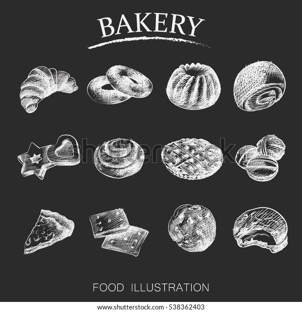 Set Bakery Sketch Isolated On Blackboard Stock Vector (Royalty Free ...