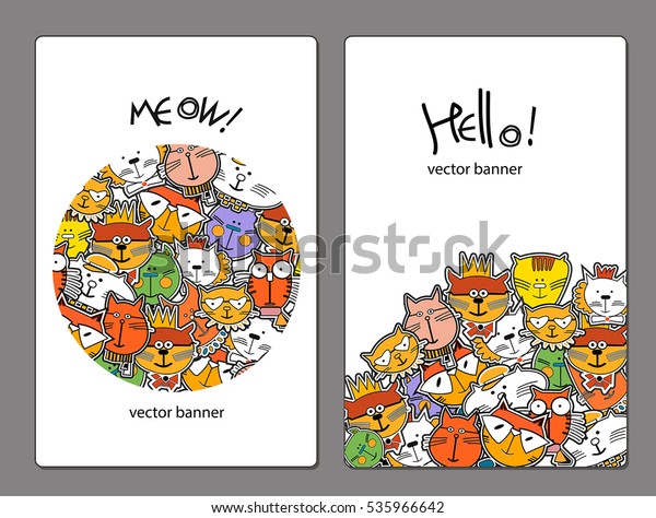 Set of banners templates with funny cats face background