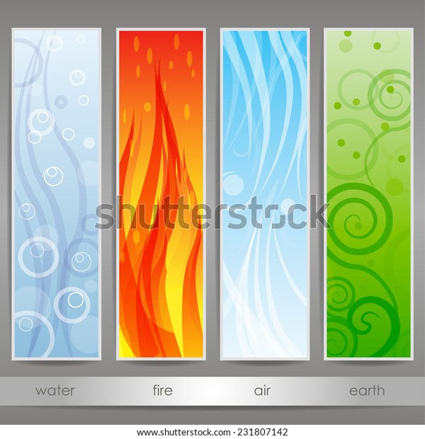 set of banners with water, air, fire, earth
