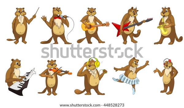 Set Beavers Playing Music Singing Dancing Stock Vector (Royalty Free ...