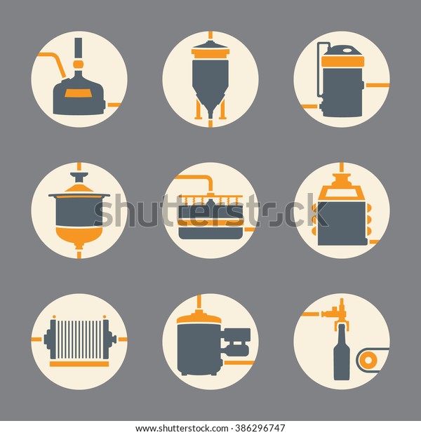 Set of beer production icon, brewery process infographic flat style. Production beer, brewery ...