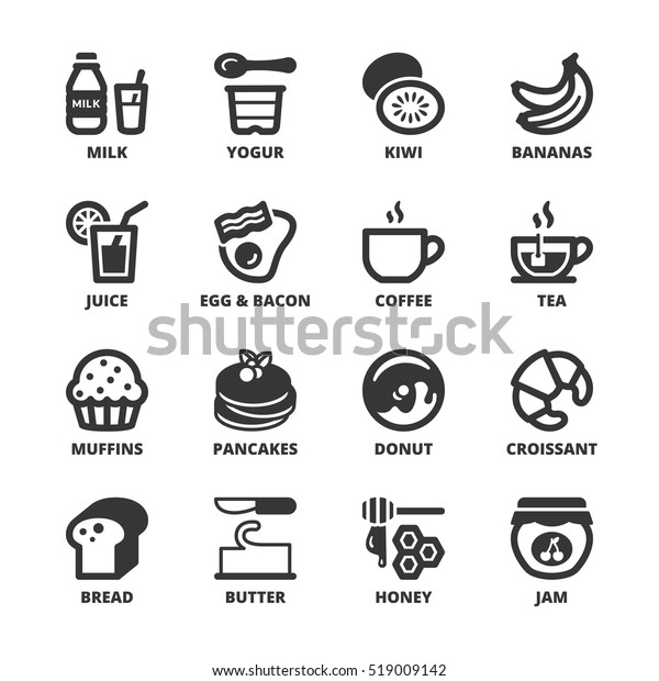 Set Black Flat Symbols About Breakfast Stok Vektör (Telifsiz) 519009142