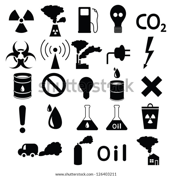 set of black icons: pollution, industrial, hazardous
