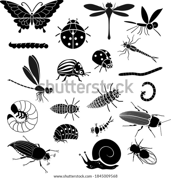Set Black Silhouettes Cartoon Insects Isolated Stock Vector (Royalty ...