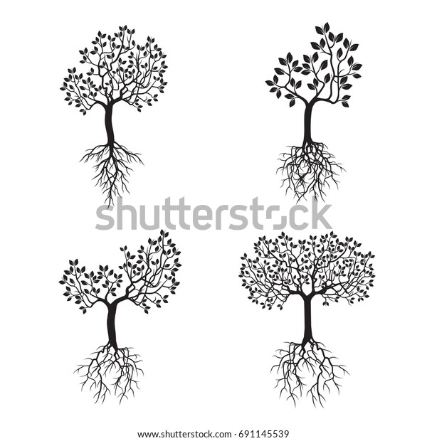 Set Black Trees Leaves Roots Vector Stock Vector (Royalty Free ...
