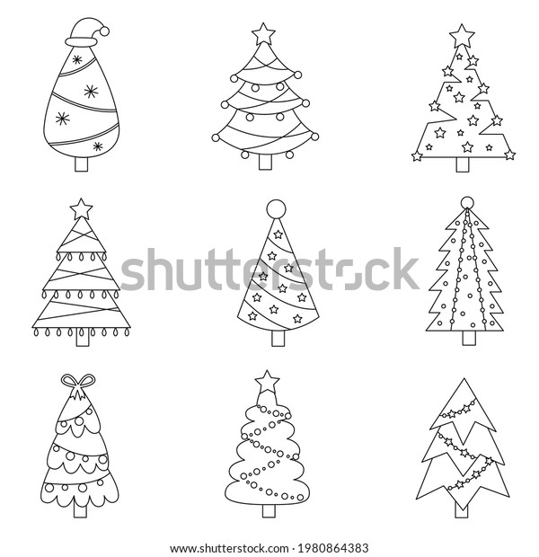 Set Black White Christmas Trees Collection Stock Vector (Royalty Free ...