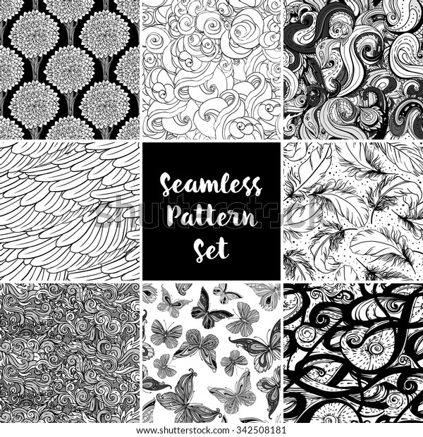 Set Black White Repeating Nature Backgrounds Stock Vector (Royalty Free ...