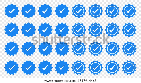 Set of blue check mark badge icons. Profile verification icons