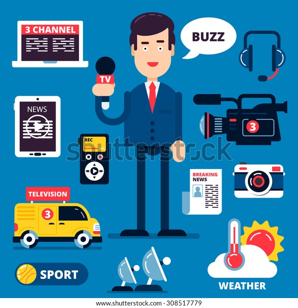 Set of breaking news icons including reporter with microphone speeches ...