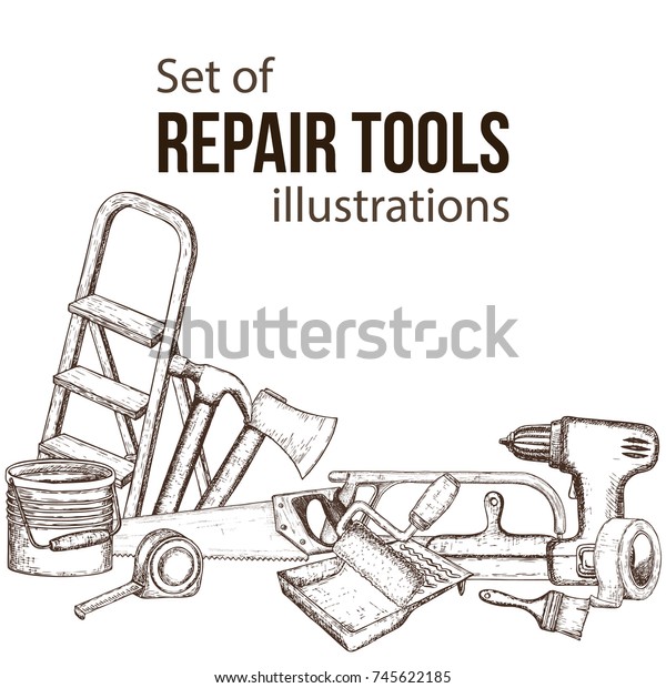Set Building Repair Tools Sketch Illustration Stock Vector (Royalty ...