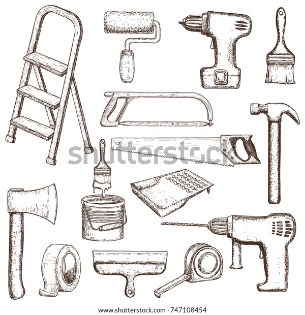 Set Building Repair Tools Sketch Illustration Stock Vector (Royalty ...