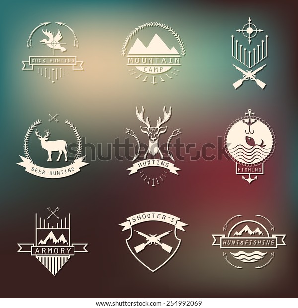 Set Camping Hunting Logos Mountain Campfishing Stock Vector (Royalty ...