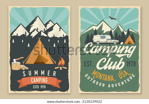 Set Camping Retro Posters Vector Illustration: เวกเตอร์สต็อก (ปลอดค่า ...