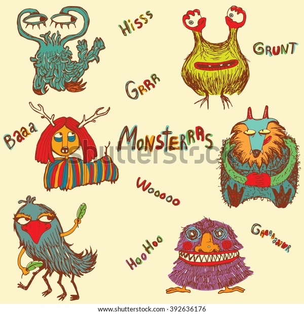 Set Cartoon Character Monsters Handdrawing Stock Vector (Royalty Free ...