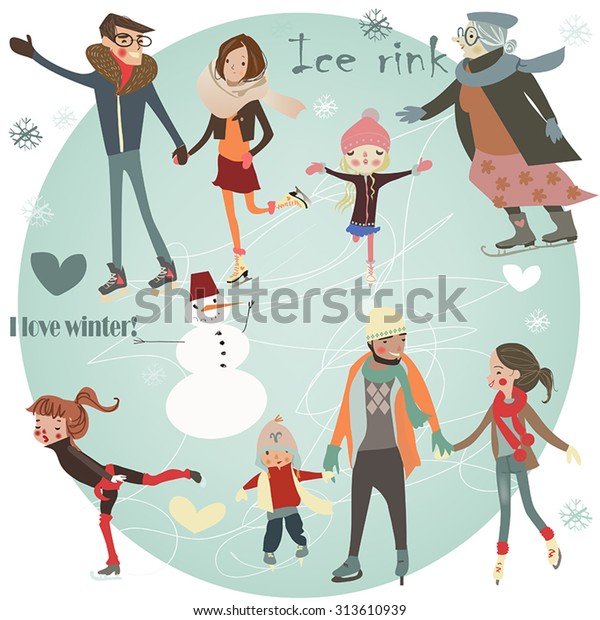Set Cartoon Characters On Ice Rink Stock Vector (Royalty Free ...