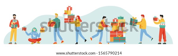 Set Cartoon Characters Receiving Giving Gifts Stock Vector (Royalty ...