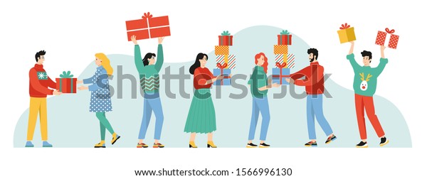 Set Cartoon Characters Receiving Giving Gifts Stock Vector (Royalty ...