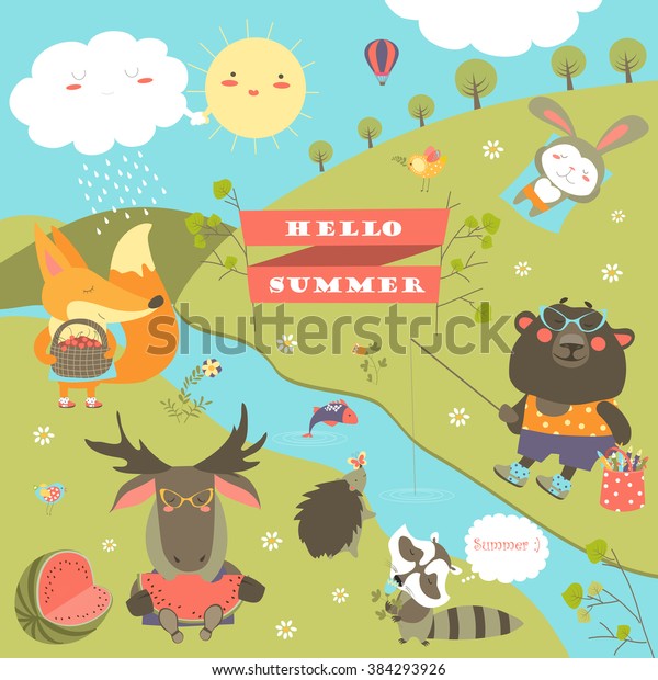 Set Cartoon Characters Summer Elements: เวกเตอร์สต็อก (ปลอดค่าลิขสิทธิ์ ...