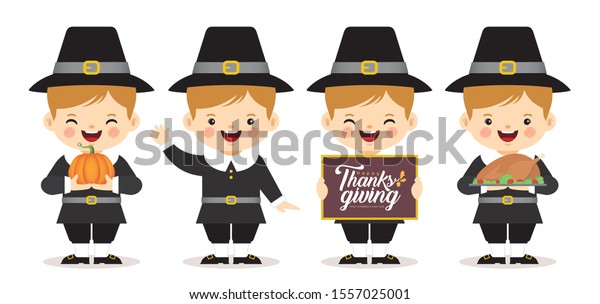 Set Cartoon Cute Pilgrim Boy Pumpkin Stock Vector (Royalty Free ...