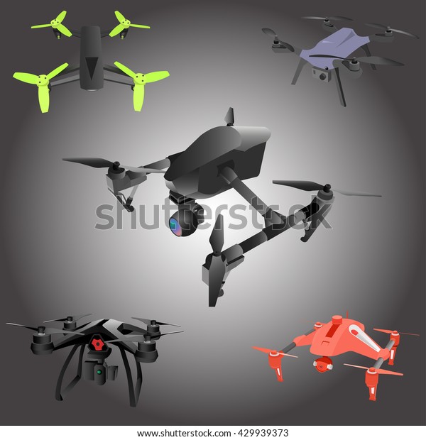 Set Cartoon Drones Isometric Vector Illustration Stock Vector (Royalty ...