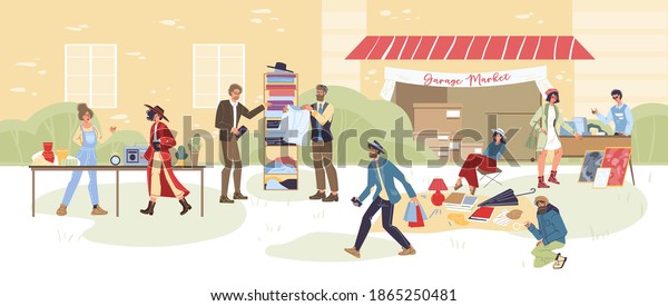 Set Cartoon Flat Characters Outdoor Shoppingvarious Stock Vector ...