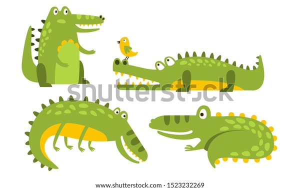 Set Cartoon Green Crocodiles Vector Illustration Stock Vector (Royalty ...