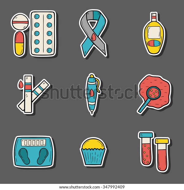 Set Cartoon Hand Drawn Diabetes Stickers Stock Vector (Royalty Free ...