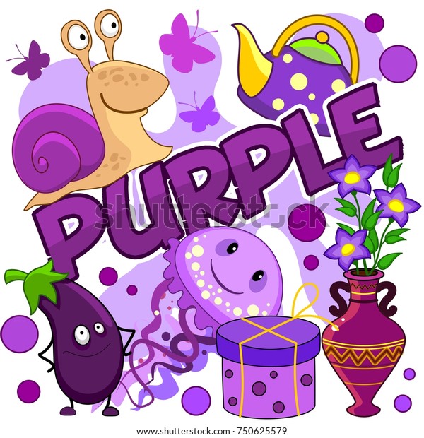 A set of cartoon illustrations for children of violet color with a ...