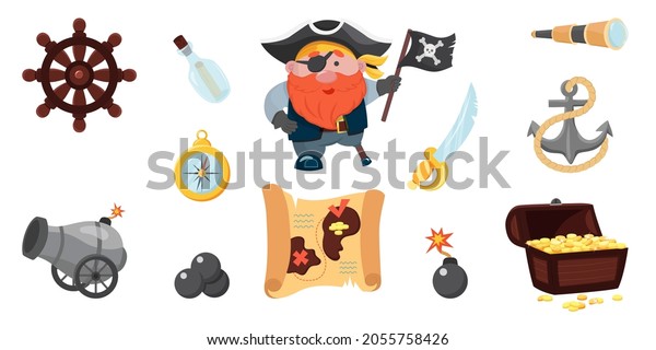 Set Cartoon Pirate Items Cute Bundle Stock Vector (Royalty Free ...